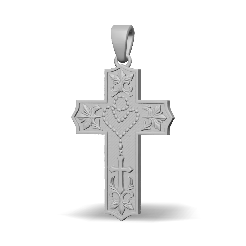3D Model: gold cross pendant with beaded rosary and ornamental floral ...